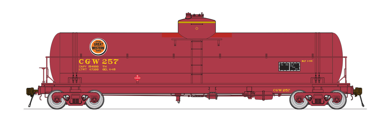CHICAGO GREAT WESTERN OXIDE RED W/ YELLOW DOME BAND GATC TANK CAR 1955 – Roka Models